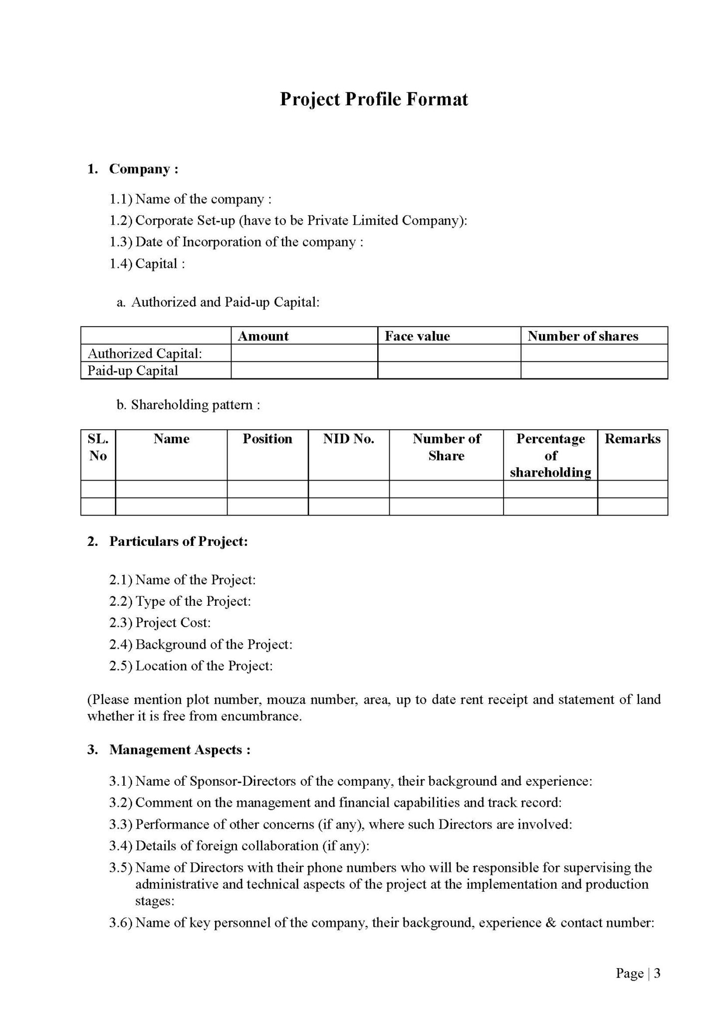 Bangladesh Bank ICB's Project Profile Format » Project Profile Bangladesh