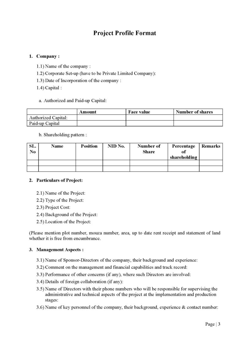 Bangladesh Bank ICB's Project Profile Format » Project Profile Bangladesh